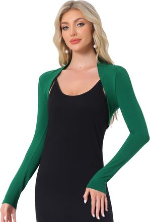 Allegra K Damen Bolero Langarm Festlich Crop Strick Jacke Einfarbig Baumwolle Elegant Schulterjacke Dunkel Gr&uuml;n S