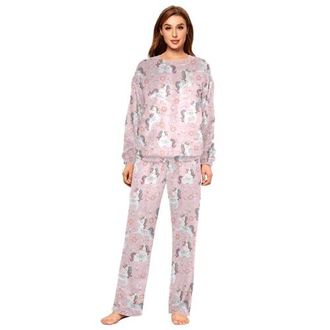 Alaza Ensemble de pyjama en polaire pour femme, motif licorne, vêtements de détente deux pièces, vêtements de nuit, pyjama thermique super doux, taille S, L