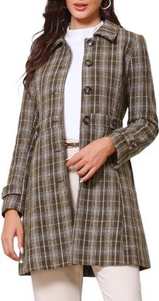 Allegra K Manteau DHiver Femme &agrave; Carreaux Caban &agrave; Simple Boutonnage Trench-Coat Mi-Longue &agrave; Col Rabattu Costume de No&euml;l Caf&eacute; XL