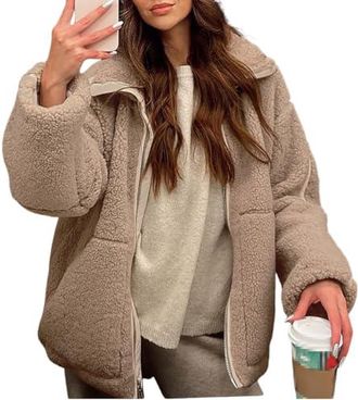 Onsoyours Veste Polaire Zipp&eacute;e Femme Hiver Manteau en Peluche &Eacute;paissir Blouson Chaud D&eacute;contract&eacute;e Doux Ample Veste A Marron M