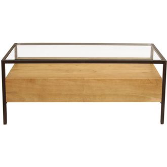 Miliboo Rechteckiger Couchtisch mit Stauraum aus massivem Mangoholz, Glas und schwarzem Metall B100 cm sita