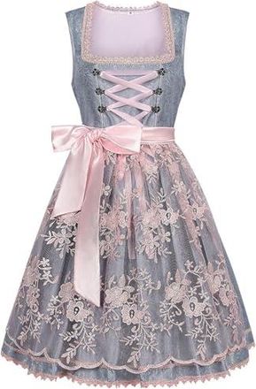 Generic Dirndl - Robe midi pour femme - Robe traditionnelle classique - Gris - Avec tablier en dentelle - 2 pièces - Costume bavarois élégant - Robe tradition