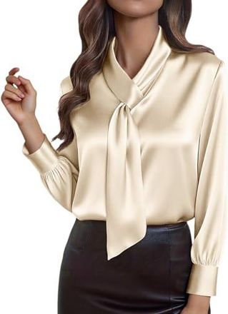 Generic Chemisier en satin pour femme - &Eacute;l&eacute;gant - Manches bouffantes - Col nou&eacute; - Manches longues - Drap&eacute; - Tendance - Printemps - Affaires - D&eacute;contract&eacute; - Bu