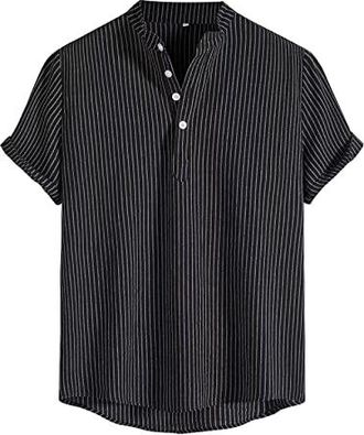 Generic Chemise en coton et lin pour homme - Chemisier dentra&icirc;nement d&eacute;contract&eacute; - Haut solide - Chemise ample &agrave; manches courtes - Col montant - Chemisier l&eacute;g