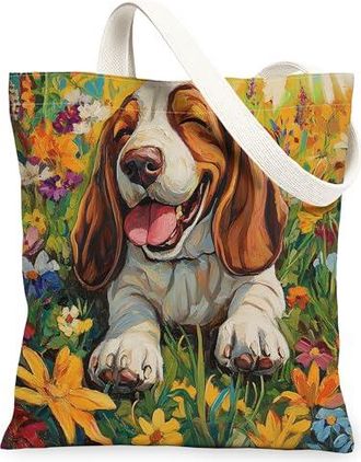 Generic Sac fourre-tout en toile motif chien basset printanier 33 x 38,1 cm, motif fleurs color&eacute;es, sac d&eacute;picerie r&eacute;utilisable pour femme, animal de compagnie
