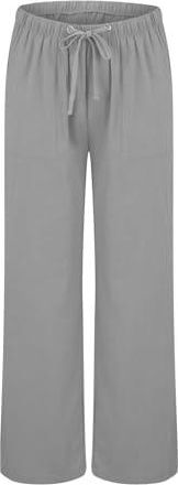 Generic Pantalon droit et large en coton et lin pour femme - Pantalon &agrave; jambes larges - Taille haute - Avec poches - Coupe ample - Cordon de serrage - L&eacute;ger -