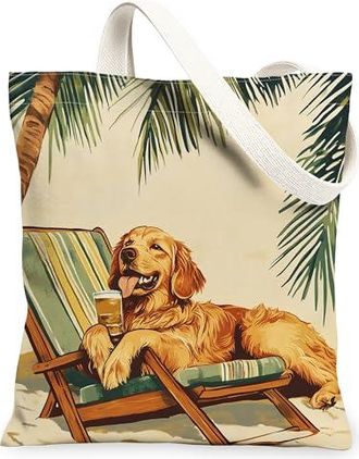 Generic Sac fourre-tout amusant en toile avec motif chien Golden Retriever - 33 x 38,1 cm - Sac &agrave; bandouli&egrave;re r&eacute;utilisable pour femme, peinture danimaux domes