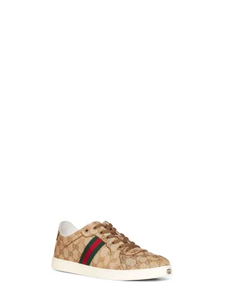 Gucci Mens Low-Top Stretch Sneakers Sand-Dark Brown Beige Calfskin Trainers