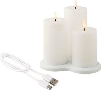 Lumineo LED Kerzen mit Timer 12,5-17,5cm Wachs 3er Set - Elektrische Stumpenkerzen - batteriebetrieben & über USB-C aufladbar - Wachskerzen flackernde Flamme 