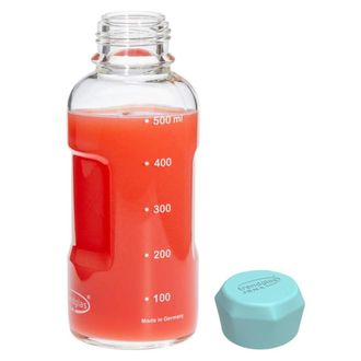 Trendglas Jena Glasflasche/Trinkflasche to go aus Borosilikatglas mit Skala - blauer Verschluss, 500 ml