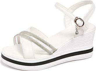 Generico Sandales d&eacute;t&eacute; &agrave; plateforme pointe, sangle avec boucle, strass, respirantes, chaussures d&eacute;contract&eacute;es larges, Blanc, 38 EU
