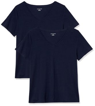Amazon Essentials Damen Kurzärmeliges T-Shirt mit V-Ausschnitt (erhältlich in Übergröße), 2er-Pack, Marineblau, 5X
