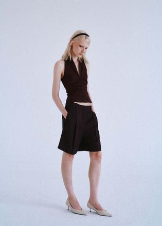 Mango Top col en V fronc&eacute; marron - Femme - XS - MANGO