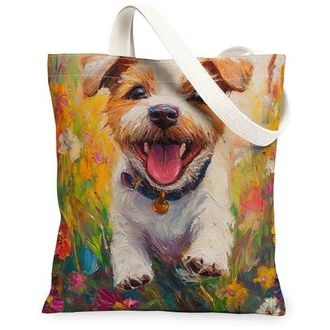 Generic Sac fourre-tout en toile motif chien russell terrier printanier 33 x 38,1 cm, motif fleurs color&eacute;es, sac d&eacute;picerie r&eacute;utilisable pour femme, peinture d