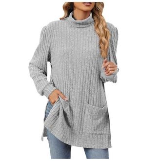 Generic Top Femme Manches Longues- Pull à Col Roulé,Haut Grande Taille Femme Fendu Couleur Unie avec Poche Sweater Casual Automne Et Hiver Chandail Confortabl