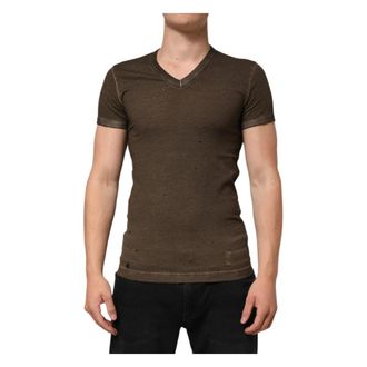 Dolce & Gabbana Dunkelbraunes Tattered Logo Herren T-Shirt - - Tops - Herren - Braun - XS