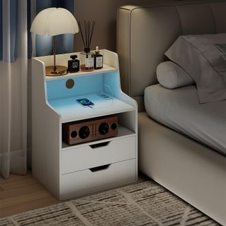 Giantex Nachttisch mit Beleuchtung und Ladefunktion, Nachtschrank mit 2 Schubladen & offenen F&auml;chern, Nachtk&auml;stchen Boxspringbett, Nachtkommode Holz, Beistell
