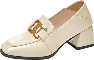 SJJH Chaussures pour femme avec pointe carr&eacute;e | Talon bloc de 5 cm et boucle en m&eacute;tal | Cuir brillant pour le bureau et la vie quotidienne, beige, 40 EU