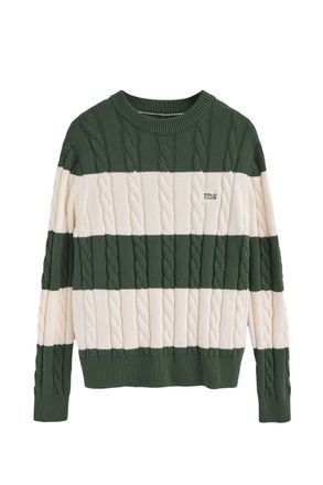Polo Club Strickpullover schlammgr&uuml;n und ecru gestreift mit Zopfmuster und Polo Club-Patch