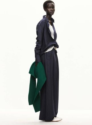 Mango Pantalon wide leg &agrave; rayures tennis en contraste bleu marine - Femme - 34 - MANGO