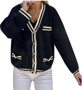 Generic 2026 Vestes courtes pour femmes, cardigan, chandails &agrave; manches longues, &eacute;l&eacute;gants, en tricot avec boutons perl&eacute;s, col en V, ouvert sur le devant, Noir,