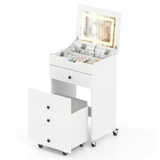 Costway petite coiffeuse compact mini table &agrave; maquillage avec tabouret rembourr&eacute; lumi&egrave;res miroir &agrave; abattant &eacute;clairage LED luminosit&eacute; r&eacute;glable couleur table
