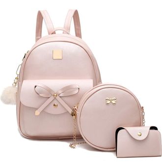 I Ihayner M&auml;dchen Bowknot 3-teiliger modischer Lederrucksack Handtasche f&uuml;r Damen Rucksack f&uuml;r Damen Umh&auml;ngetasche Rosa