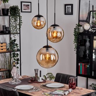 HOFSTEIN H&auml;ngeleuchte Gastor, H&auml;ngelampe aus Metall/Glas in Schwarz/Bernsteinfarben, Leuchte im modernen Retro/Vintage-Design mit Schirmen aus Glas (&Oslash; 20, 25, 