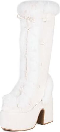 Generic Eestfy Bottes Hautes R&eacute;tro Plateforme Daim Fausse Fourrure Talon Large Zip Lat&eacute;ral Style Hiver pour Froid Tenues De Rue Activit&eacute;s Ext&eacute;rieures,Blanc,40