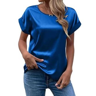 Generic Chemisier en satin de soie pour femme, col rond, manches courtes, tenue d&eacute;contract&eacute;e, haut &agrave; manches courtes, t-shirt &agrave; col rond, Bleu - b, XXL