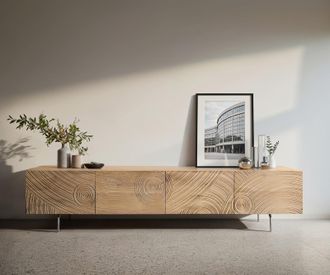 DELIFE Lowboard Ashara 220 cm Eiche Natur 3D Effekt 4 T&uuml;ren Winkelfu&szlig; Edelstahl geb&uuml;rstet, Lowboards