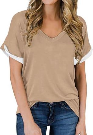 Generic Chemisier uni à manches courtes pour femme - T-shirt à manches courtes et col en V pour femme - Tendance - Léger - Doux - Tenue dété décontractée - Vê
