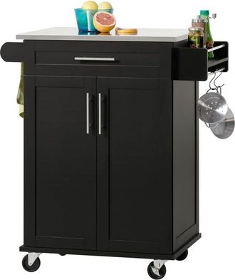 SoBuy FKW110-SCH Küchenwagen auf rollen Servierwagen Beistellwagen Rollwagen mit Arbeitsplatte mit Tür und Schublade Getränkewagen fürs Büro schwarz bht