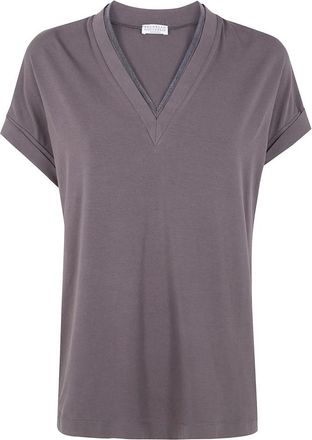 Brunello Cucinelli Femme, Tops, Brun, Taille: 42 FR T-shirt Monile &agrave; Col V