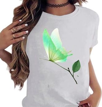 Keephen Papillon avec Fleurs T-Shirt Femmes Esth&eacute;tique Papillon Impression 3D T-Shirt Manches Courtes Col Rond Streetwear Dames &Eacute;t&eacute; Mignon Tops