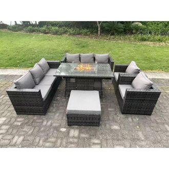 Fimous Fimous Polyrattan Gartenmöbel Set Gas Feuerstelle Esstisch Sofa Set mit Lehnstuhl Hockern