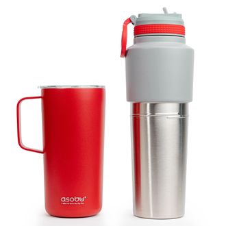 Asobu Asobu Isolierte Wasserflasche mit Strohhalm-Deckel, 850 ml und isoliertem Edelstahl, Kaffeebecher, 590 ml, Doppelpack (rot)