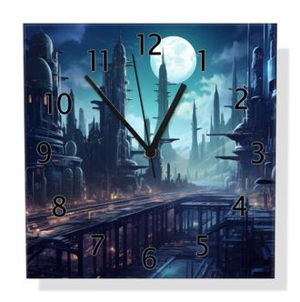 Wallario Design-Wanduhr Mondnacht in der Zukunft aus Glas, Motiv-Uhr Größe 30 x 30 cm, Schwarze Zeiger