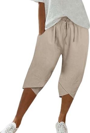 Generic Short d&eacute;t&eacute; d&eacute;contract&eacute; en lin pour femme - Coupe ajust&eacute;e - Doux - L&eacute;ger - Respirant - Short de course pour femme avec poche et cordon de serrage - Tai