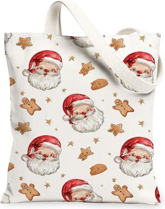 Generic Sacs fourre-tout en toile de No&euml;l, motif P&egrave;re No&euml;l et biscuits, sacs de courses r&eacute;utilisables, l&eacute;gers et lavables avec bandouli&egrave;re 33 x 38 cm