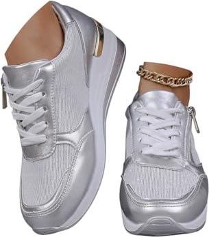 Minetom Baskets Femmes Compensées Sneakers Casual Chaussures Élégantes Confortable Marche Fitness Outdoor Casual A Argent 39 EU