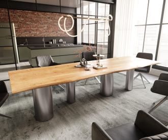 DELIFE Esstisch Edge 300x100x4 Eiche Natur Pilier Edelstahl geb&uuml;rstet Live-Edge, Esstische, Baumkantenm&ouml;bel, Massivholzm&ouml;bel, Massivholz