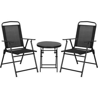OUTSUNNY Ensemble table et chaises de jardin 3 pi&egrave;ces - 2 chaises pliantes avec accoudoirs - Table ronde pliable en m&eacute;tal et verre tremp&eacute;