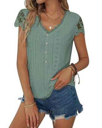 Minetom T-Shirt Damen Spitze Sommer Bluse Casual V-Ausschnitt Kurzarm Tops Spitzentop Oberteile Elegant Hemdbluse Shirts C Gr&uuml;n XXL