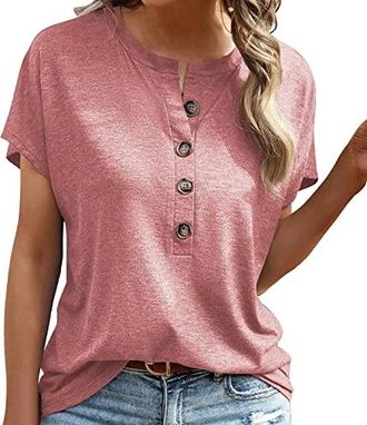 Generic T-shirt pour femme - Col en V avec boutons - Manches courtes - T-shirt basique d&eacute;t&eacute; - Coupe ample - &Eacute;l&eacute;gant - Stretch - D&eacute;contract&eacute; - Couleur unie, Ro