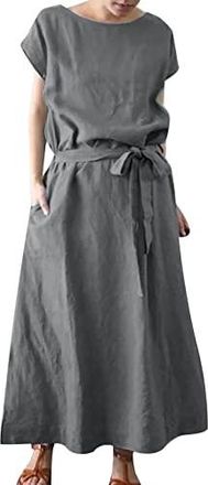 Generic Robe longue boh&egrave;me 2026 pour femme, printemps, &eacute;t&eacute; et automne, couleur unie, tendance, ample, manches courtes, col rond, ceinture en lin, gris, 5XL