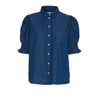 Ichi Ichi, Femme, Blouses et Chemises, Bleu, Taille: 46 FR Chemisier Bleu Fonc&eacute; Lav&eacute; avec Manches Bouffantes