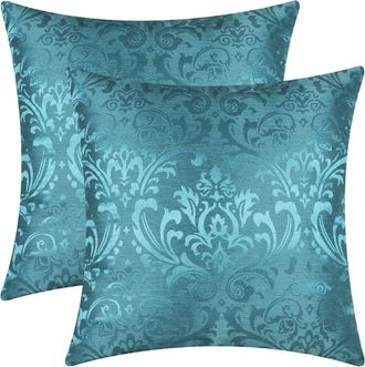 CaliTime Kissenbezüge für Couch, Sofa, Heimdekoration, Vintage-Damast-Blumenmuster, glänzend und stumpfer Kontrast, 45 x 45 cm, Blaugrün, 2 Stück