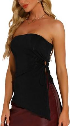 Allegra K Haut Bandeau Femme sans Bretelles Débardeur Tricoté Froncé avec Cordon de Serrage Top Asymétrique Sexy Ourlet à Volants Noir M