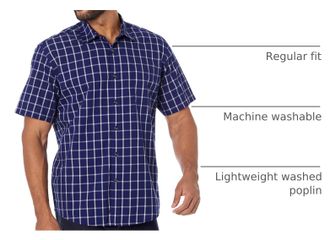 Amazon Essentials Herren Kurz&auml;rmeliges Hemd aus Popeline, Normale Passform, Marineblau Fensterkaros, XXL